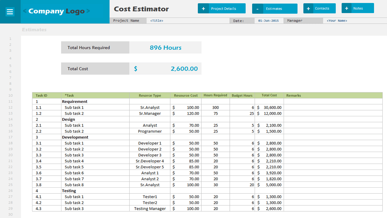Cost Estimator Excel Project Management Templates