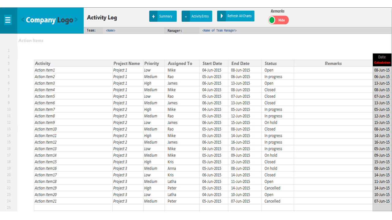 Activity Log Excel Project Management Templates