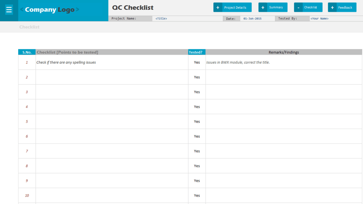QC CheckList - Excel Project Management Templates